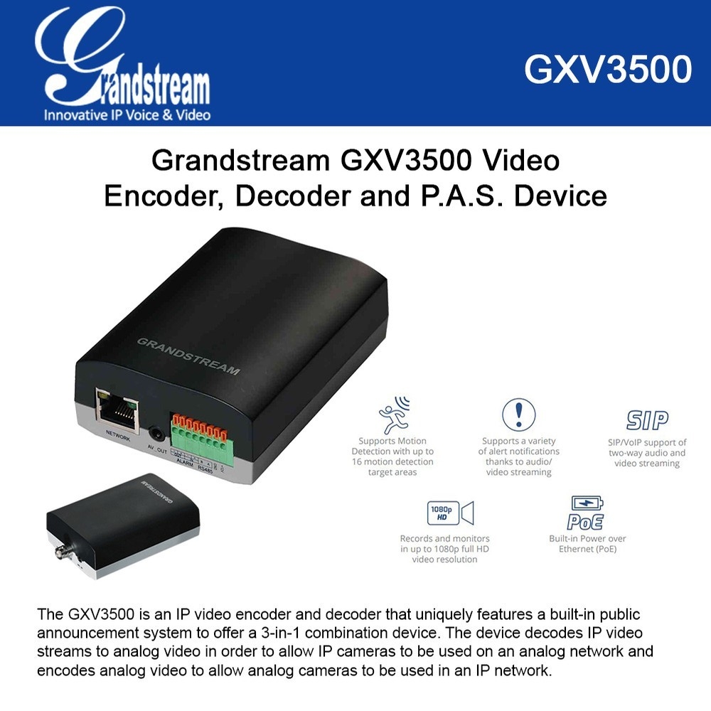Grandstream GXV3500 IP Video Encoder/Decoder and P.A.S. built-in PoE