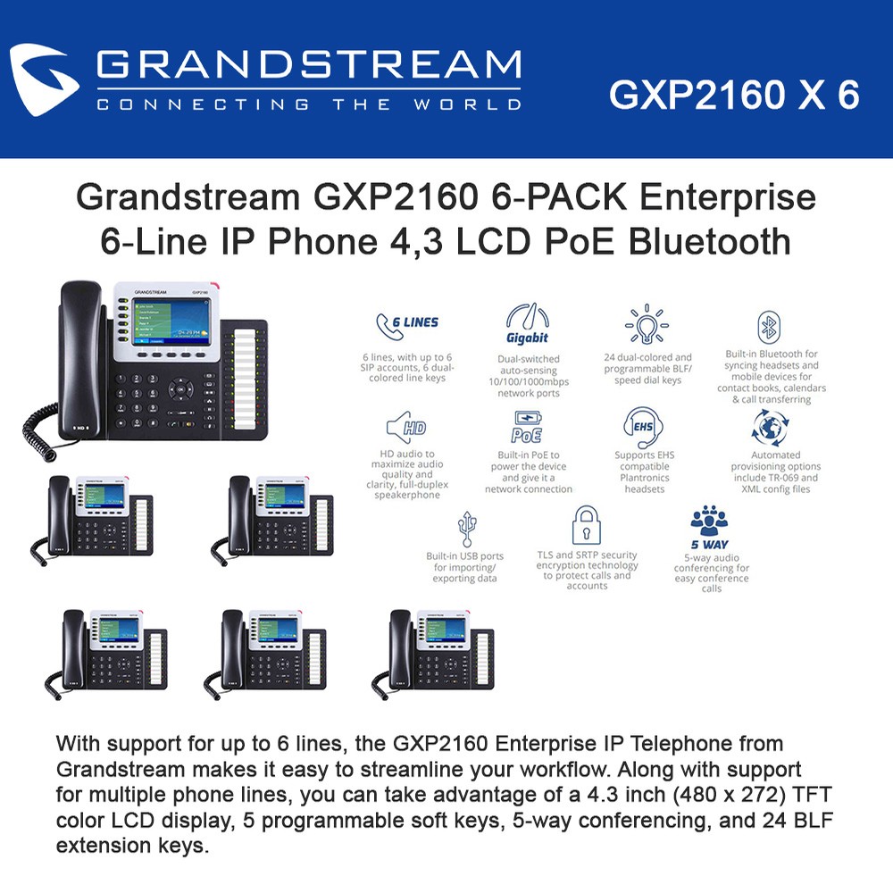 Grandstream 6x GXP2160 6line SIP phone enterprise VOIP IP phone color ...