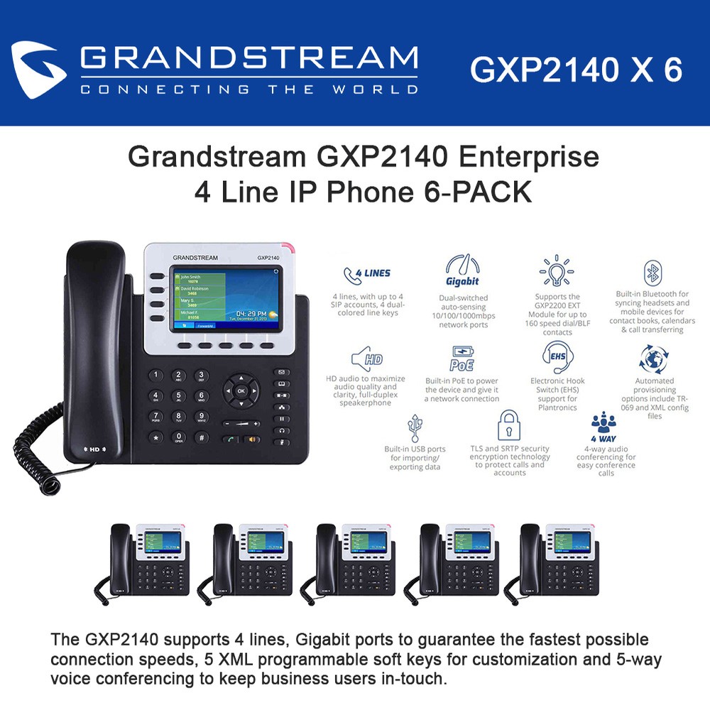 Grandstream Enterprise IP phone HD audio Gigabit PoE 6PACK GXP2140 4Line