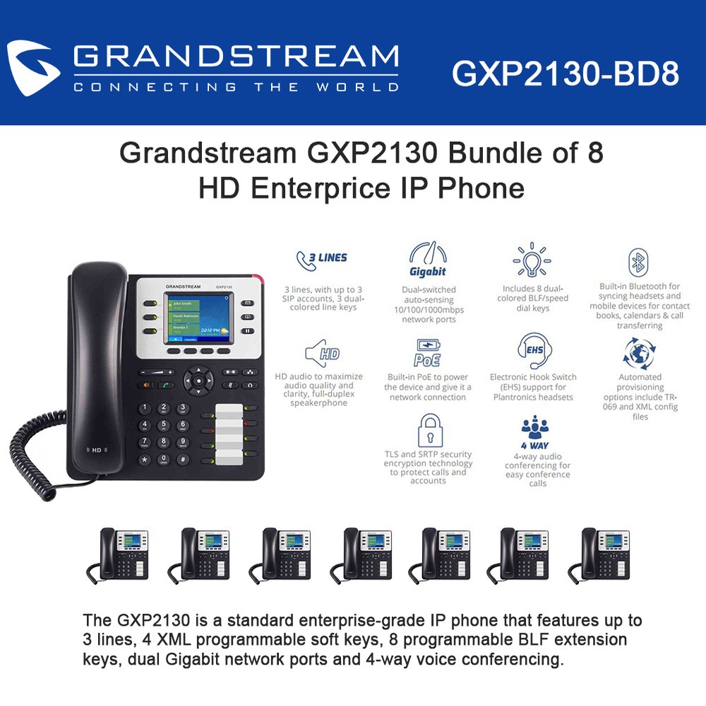 Grandstream Enterprise IP phone HD audio 8-PACK GXP2130 HD 3 lines