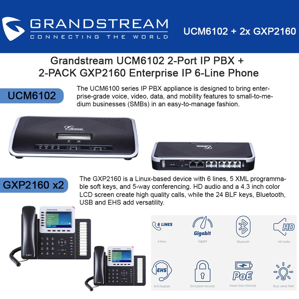 Grandstream UCM6102 2 Port IP PBX + 2-PACK GXP2160 IP Phone 6-line