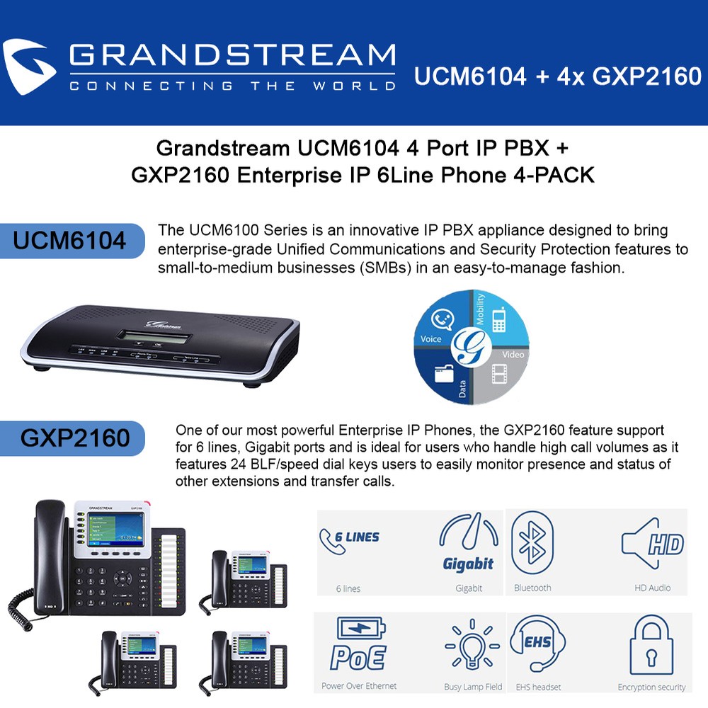 Grandstream UCM6104 4 Port IP PBX whith 4-PACK GXP2160 IP Phone 6-line