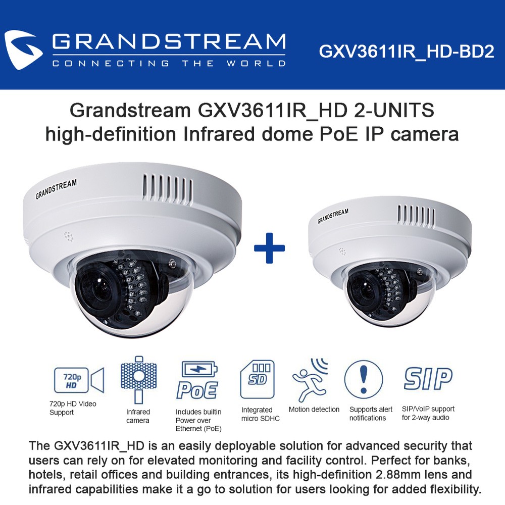 Grandstream GXV3611IR_HD 2-PACK indoor Infrared fixed dome IP camera