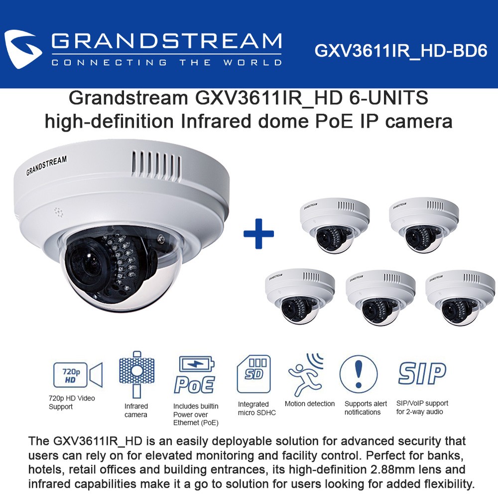 Grandstream GXV3611IR_HD 6-PACK indoor Infrared fixed dome IP camera