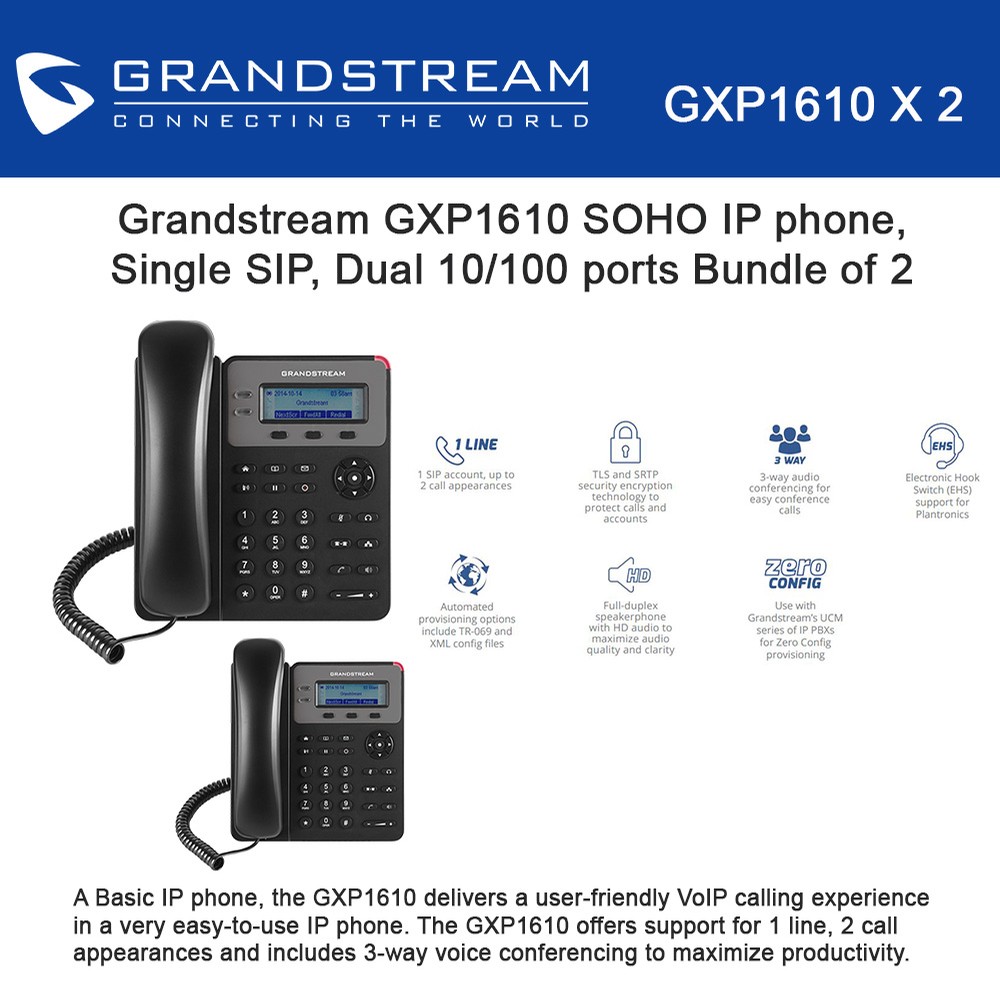 Grandstream GXP1610 2-PACK SOHO IP phone single SIP dual 10/100 ports 3 ...