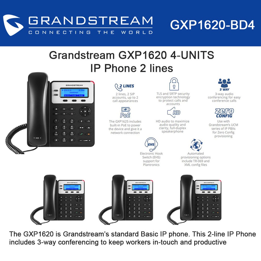 Grandstream IP Phone GXP1620 4-PACK HD audio, 2lines, 3SIP acct., 3way