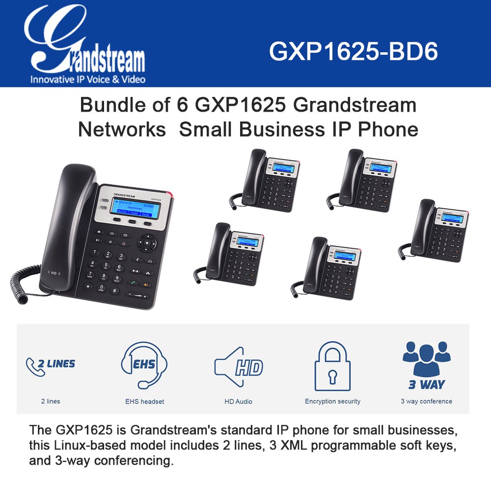 Grandstream GXP1625 IP Phone 6-PACK, 2 SIP acct, PoE, HD audio, 3-way