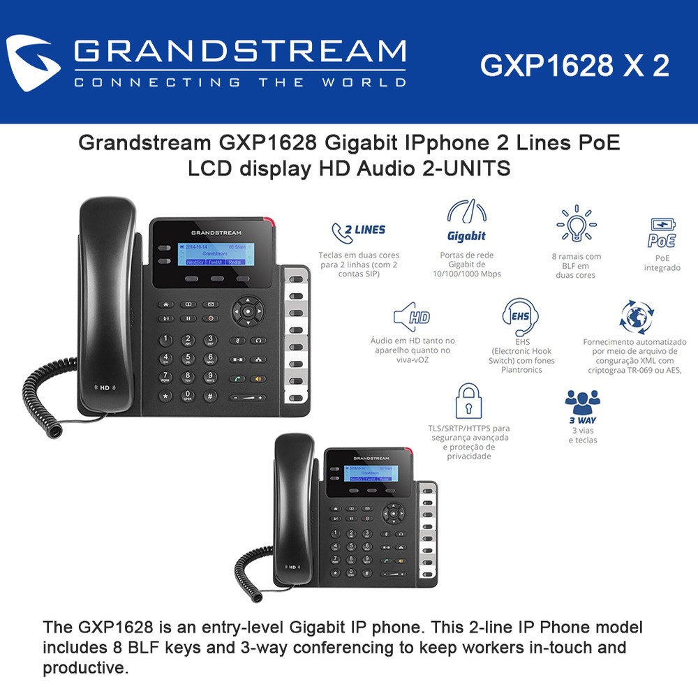 Grandstream GXP1628 2-PACK Gigabit IP phone 2 lines Voip phone basic ...
