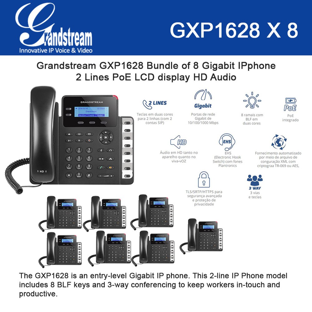 Grandstream GXP1628 Bundle of 8 Gigabit IPphone 2 Lines PoE LCD display ...