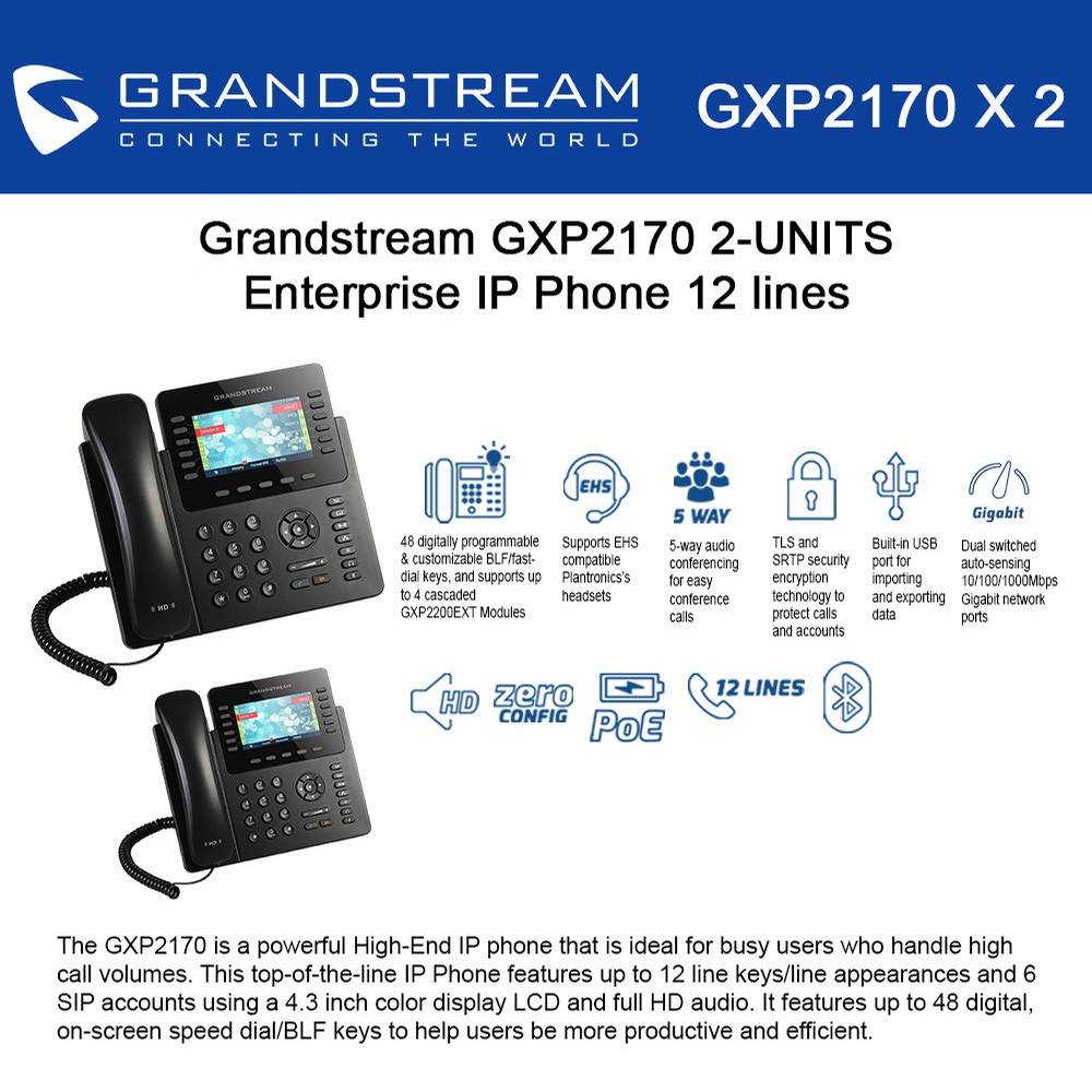 Grandstream GXP2170 2-UNITS IP phone Enterprise VoIP phone 12 lines 6 ...