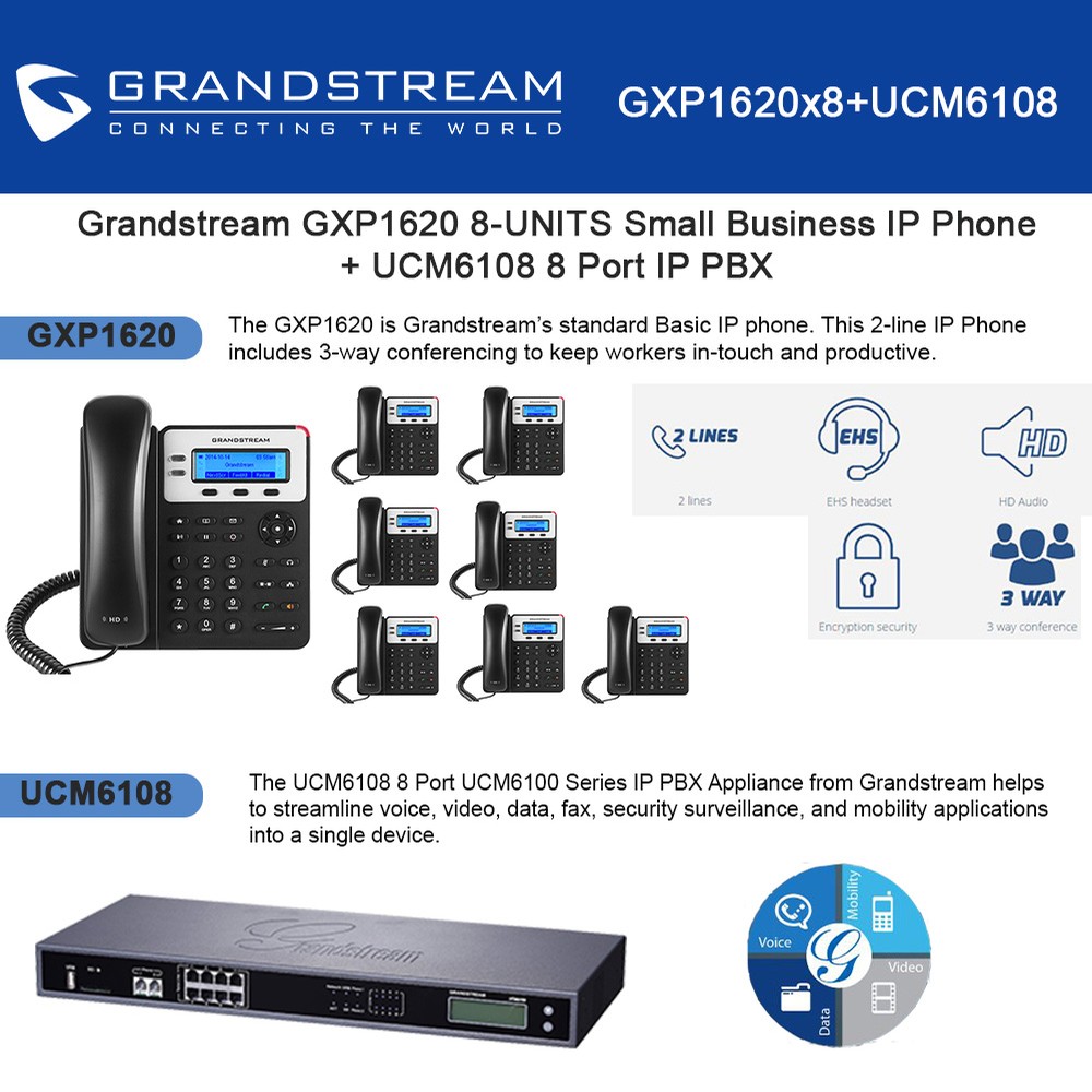 Grandstream GXP1620 8-UNITS Small Business IP Phone + UCM6108 8 Port IP PBX