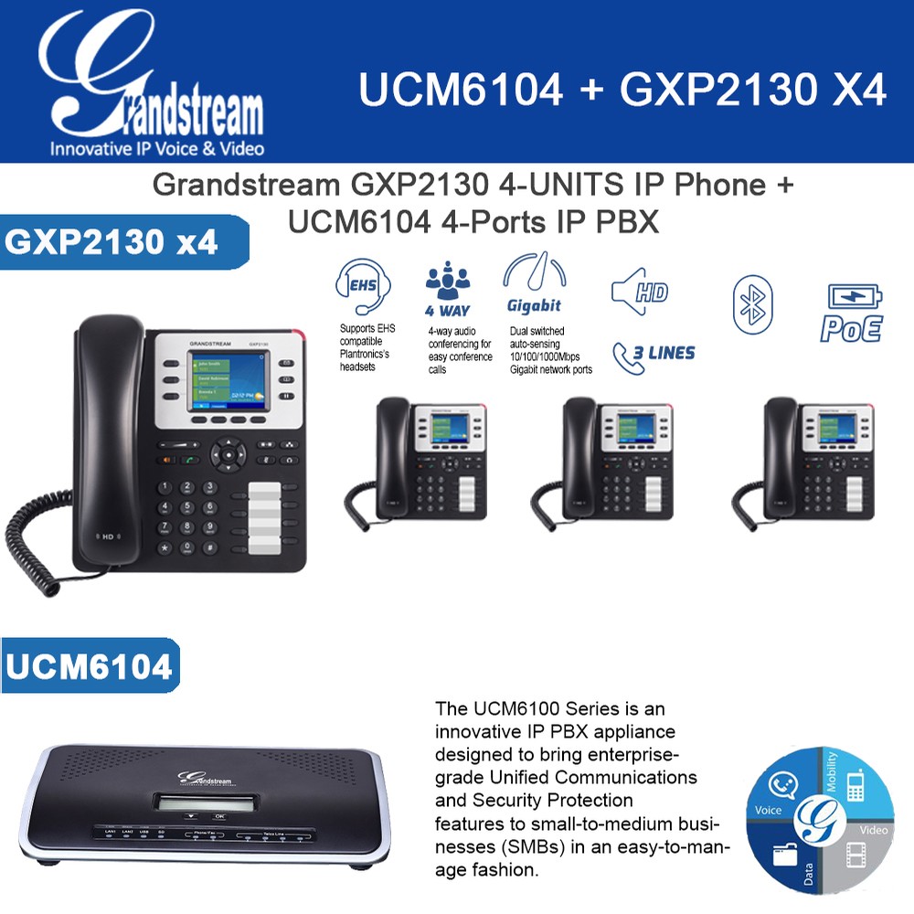 Grandstream GXP2130 4-UNITS Enterprise IP phone, + UCM6104 4 Port IP PBX