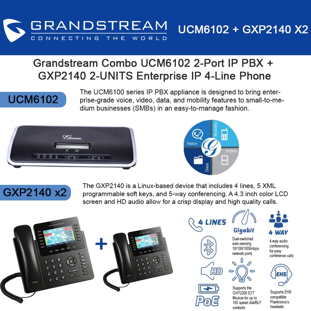 Grandstream GXP2140 2-UNITS Enterprise IP phone, + UCM6102 2 Port IP PBX