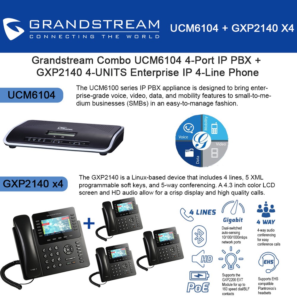 Grandstream GXP2140 4-UNITS Enterprise IP phone, + UCM6104 4 Port IP PBX