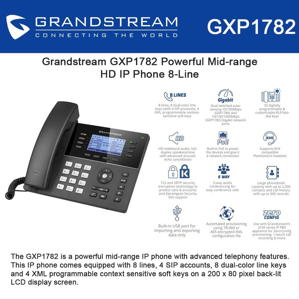 Grandstream Networks GXP1782 Mid-range IP Phone 8 lines, 4 SIP