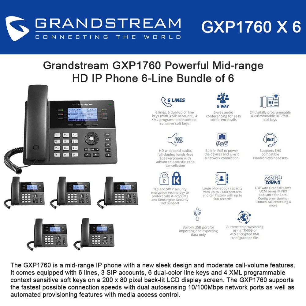 Grandstream GXP1760 Bundle of 6 Powerful Mid-range HD IP Phone 6-Line ...