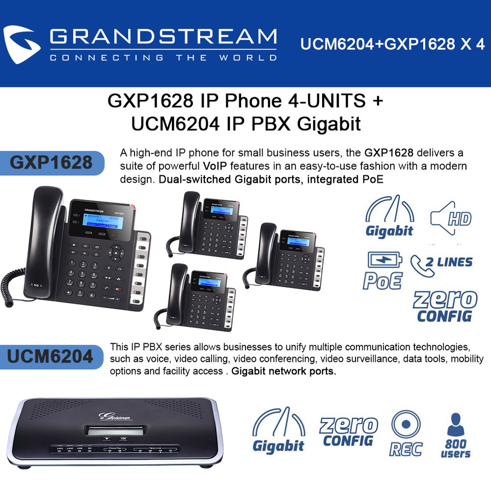 Grandstream GXP1628 IP Phone 4-UNITS with UCM6204 4 Port IP PBX Gigabit