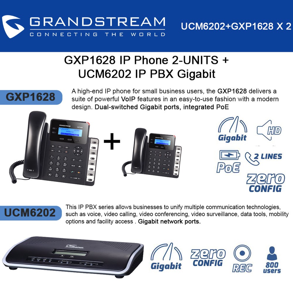 Grandstream GXP1628 IP Phone 2-UNITS with UCM6202 2 Port IP PBX Gigabit