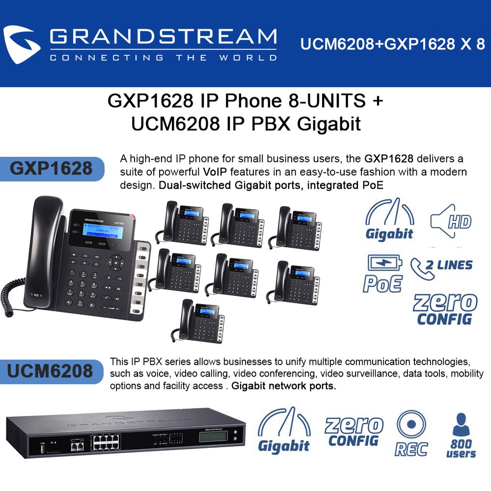 Grandstream GXP1628 IP Phone 8-UNITS with UCM6208 8 Port IP PBX Gigabit
