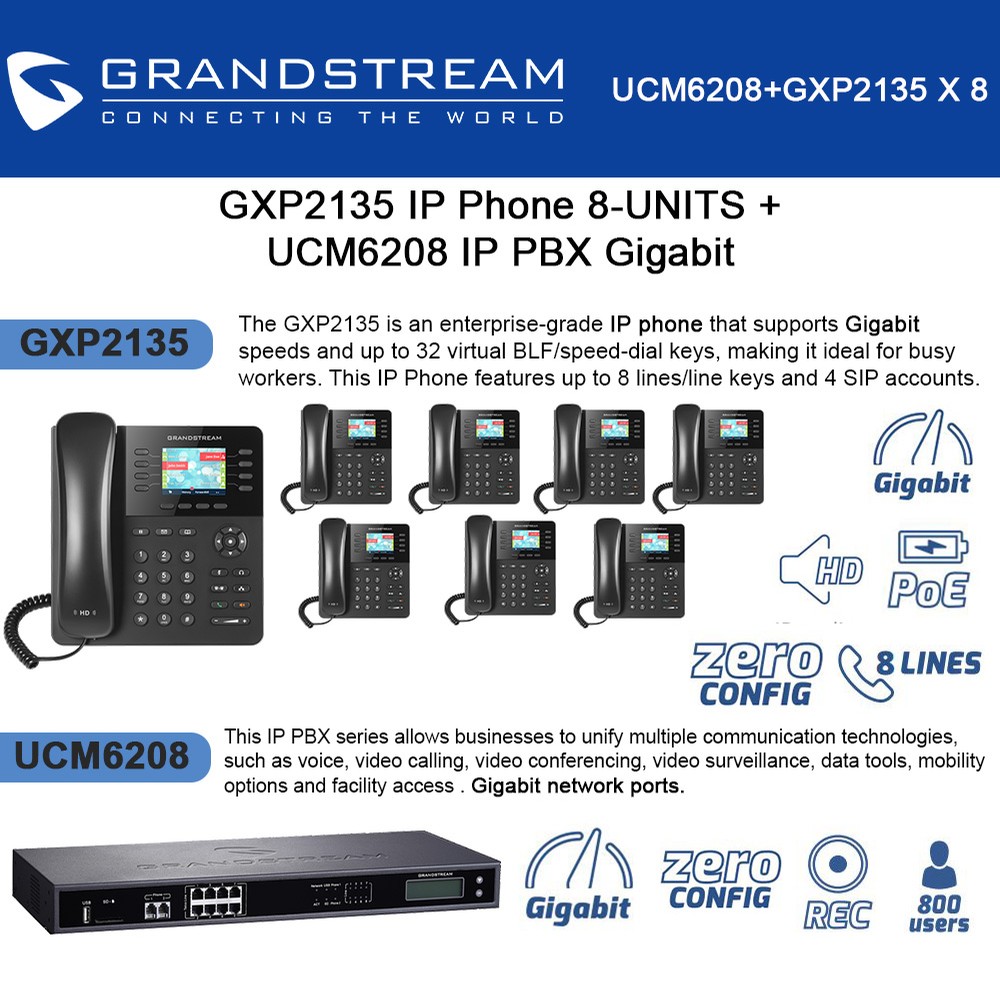 Grandstream GXP2135 IP Phone 8-UNITS with UCM6208 8 Port IP PBX Gigabit