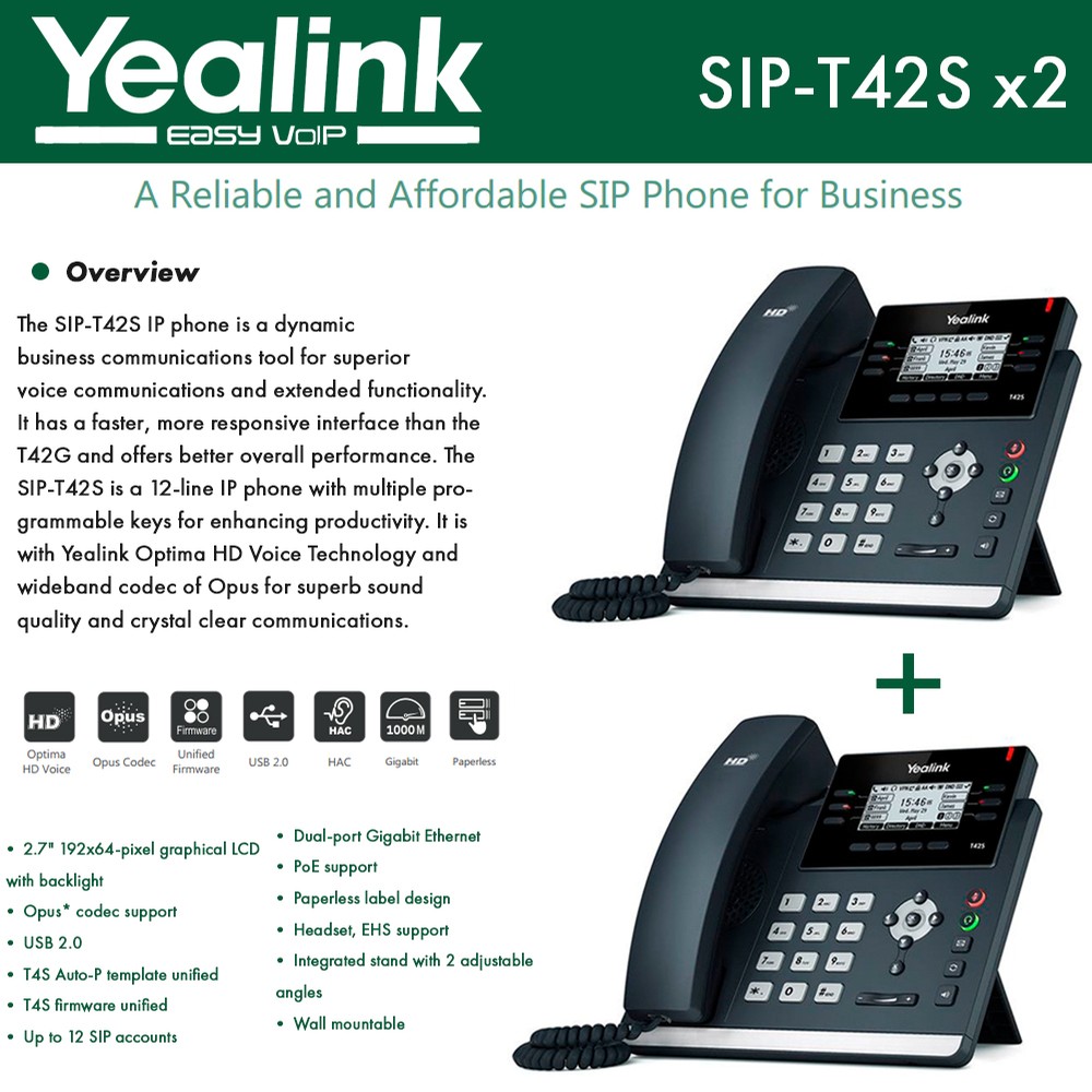 Yealink 2x SIP-T42S IP Phone 12-line VoIP phone HD voice gigabit USB port 2.7 LCD