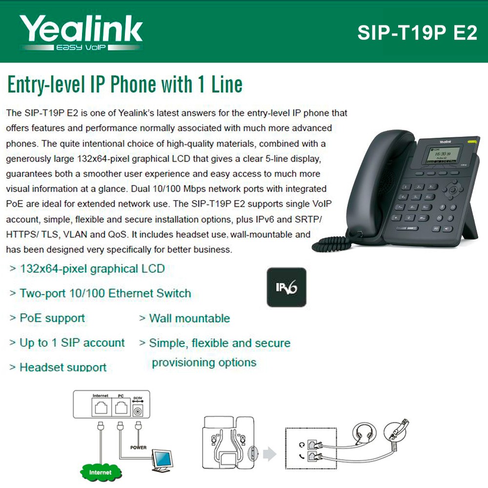 Yealink T19P E2 VoIP Phone with 1 Line, PoE support, Dual 10/100 Mbps ...