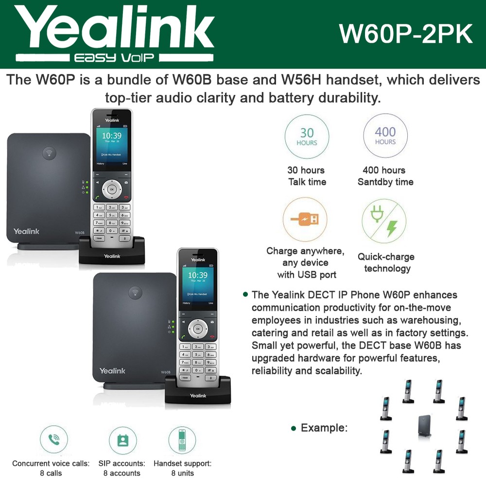 Yealink IP Phone W60P (2-UNITS) is a bundle of W60B base and W56H ...