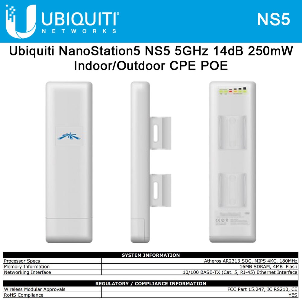 Ubiquiti NanoStation5 NS5 5GHz 14dB 250mW Indoor/Outdoor CPE POE