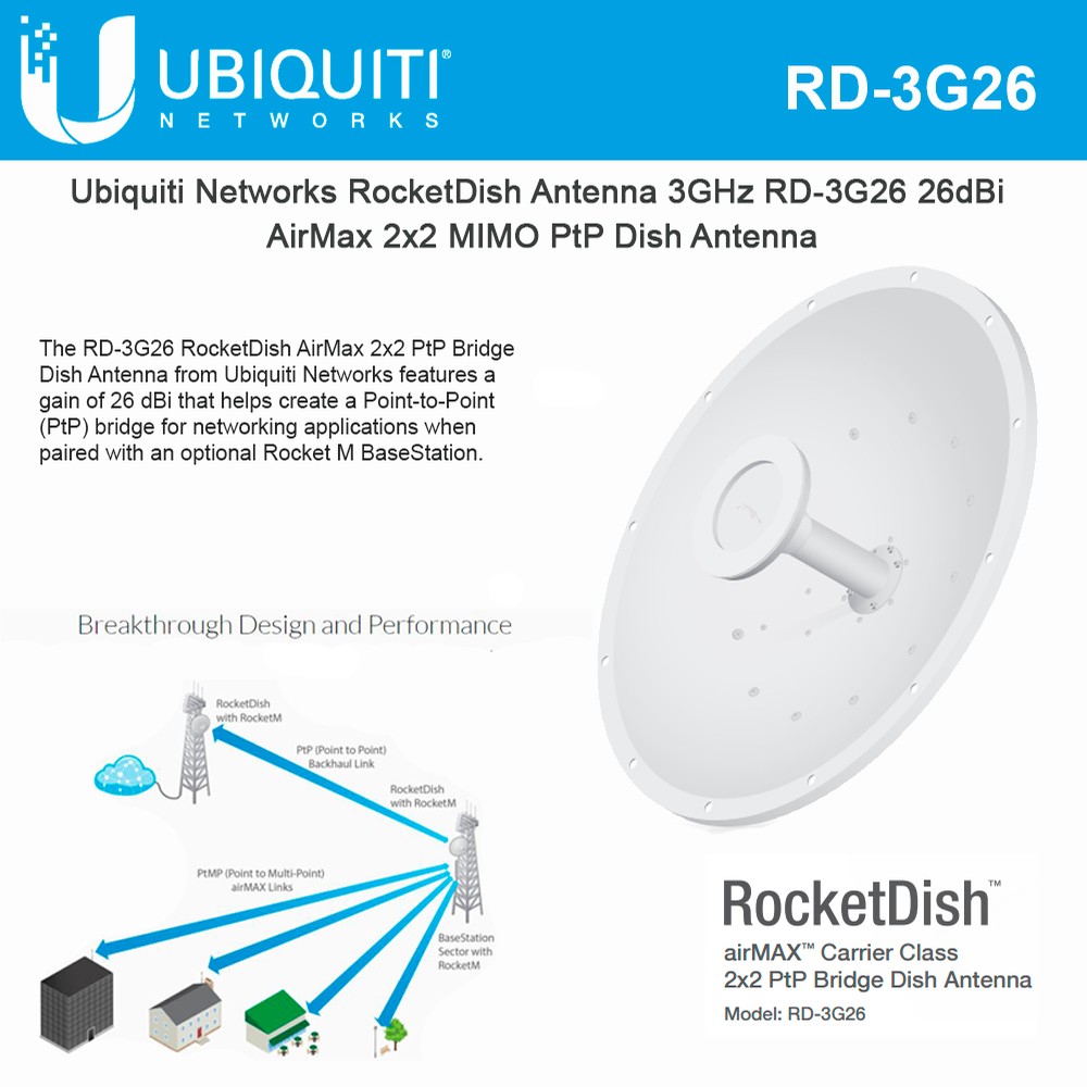 Ubiquiti Networks RocketDish Antenna 3GHz RD-3G26 26dBi AirMax 2x2 MIMO ...