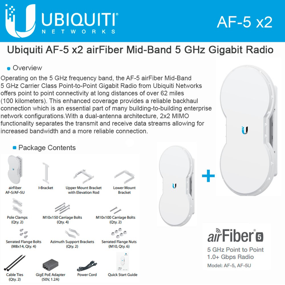 Ubiquiti airFiber AF5 2-PACK 5GHz Full Duplex PTP Gigabit Radio 100+km