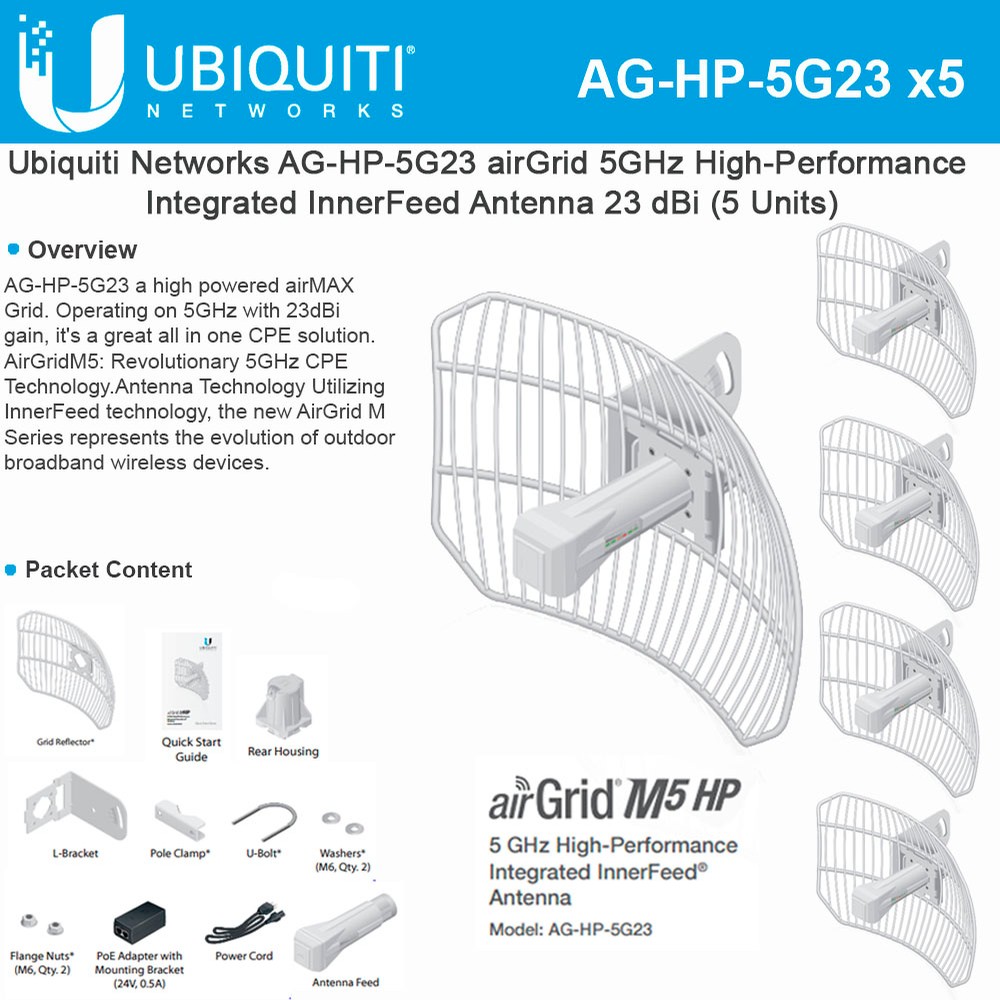 Ubiquiti airGrid M5 Antenna 5 GHz AG-HP-5G23-US 23dBi High-Performance Antenna +100 Mbps (5-PACK)