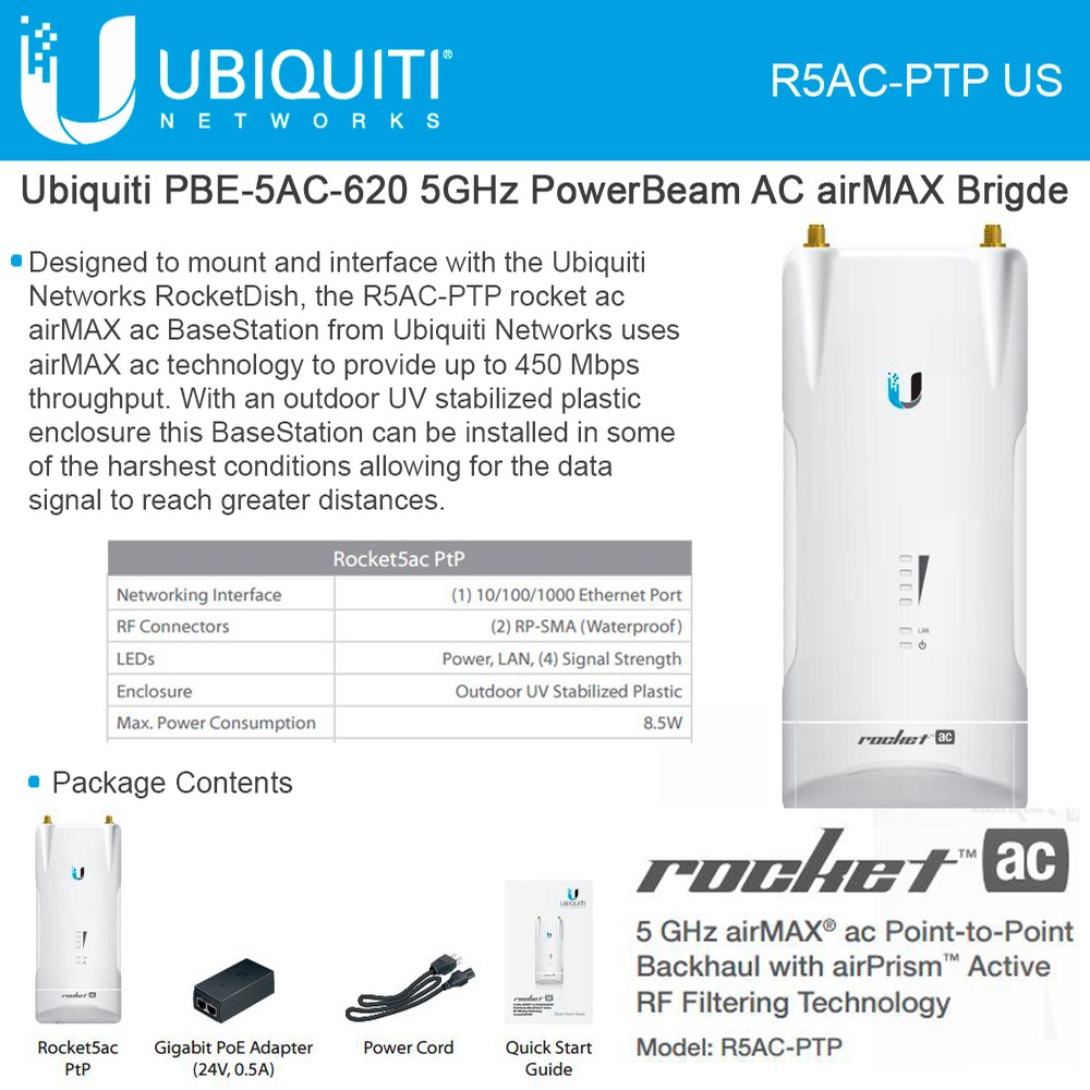 Ubiquiti Networks Rocket AC R5AC-PTP US airMAX ac BaseStation PtP Mid ...