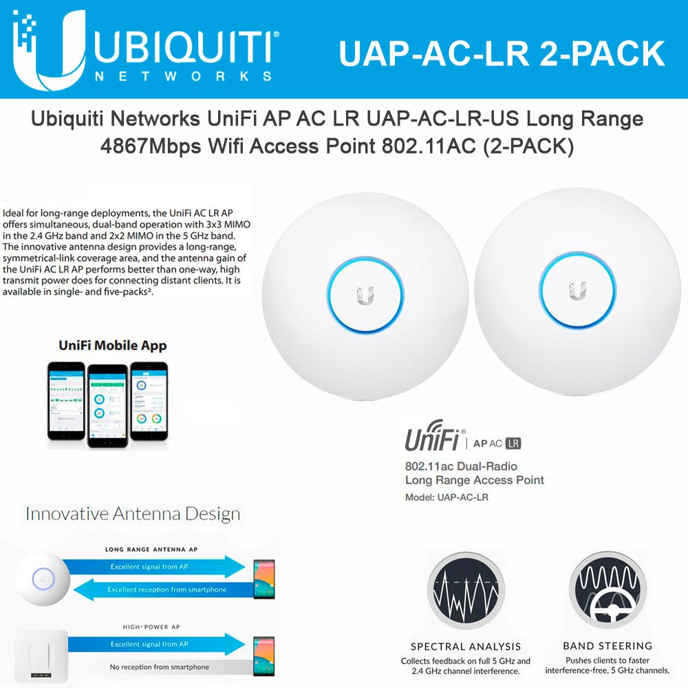 Ubiquiti UniFi UAP-AC-LR Long Range 11ac Access Point Gigabit PoE 2PACK