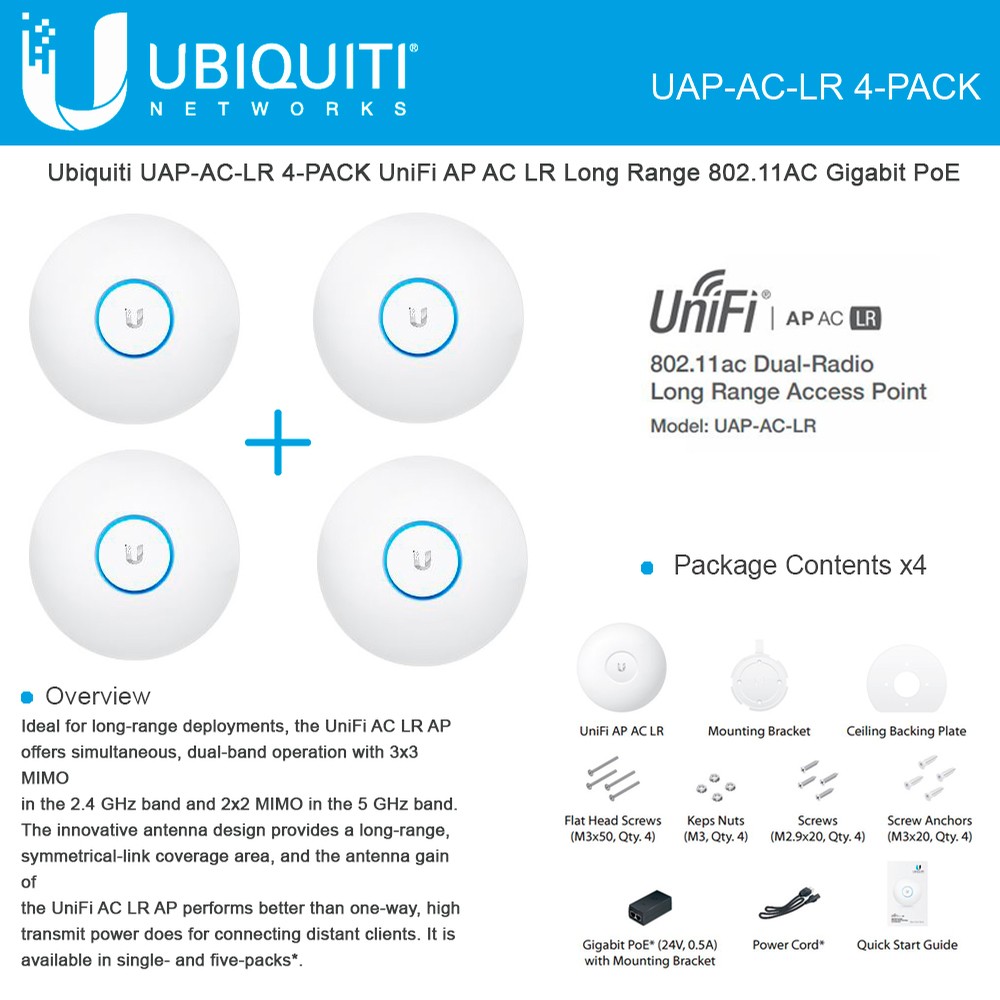Ubiquiti UniFi UAP-AC-LR 4PACK Long Range 11ac Access Point Gigabit PoE