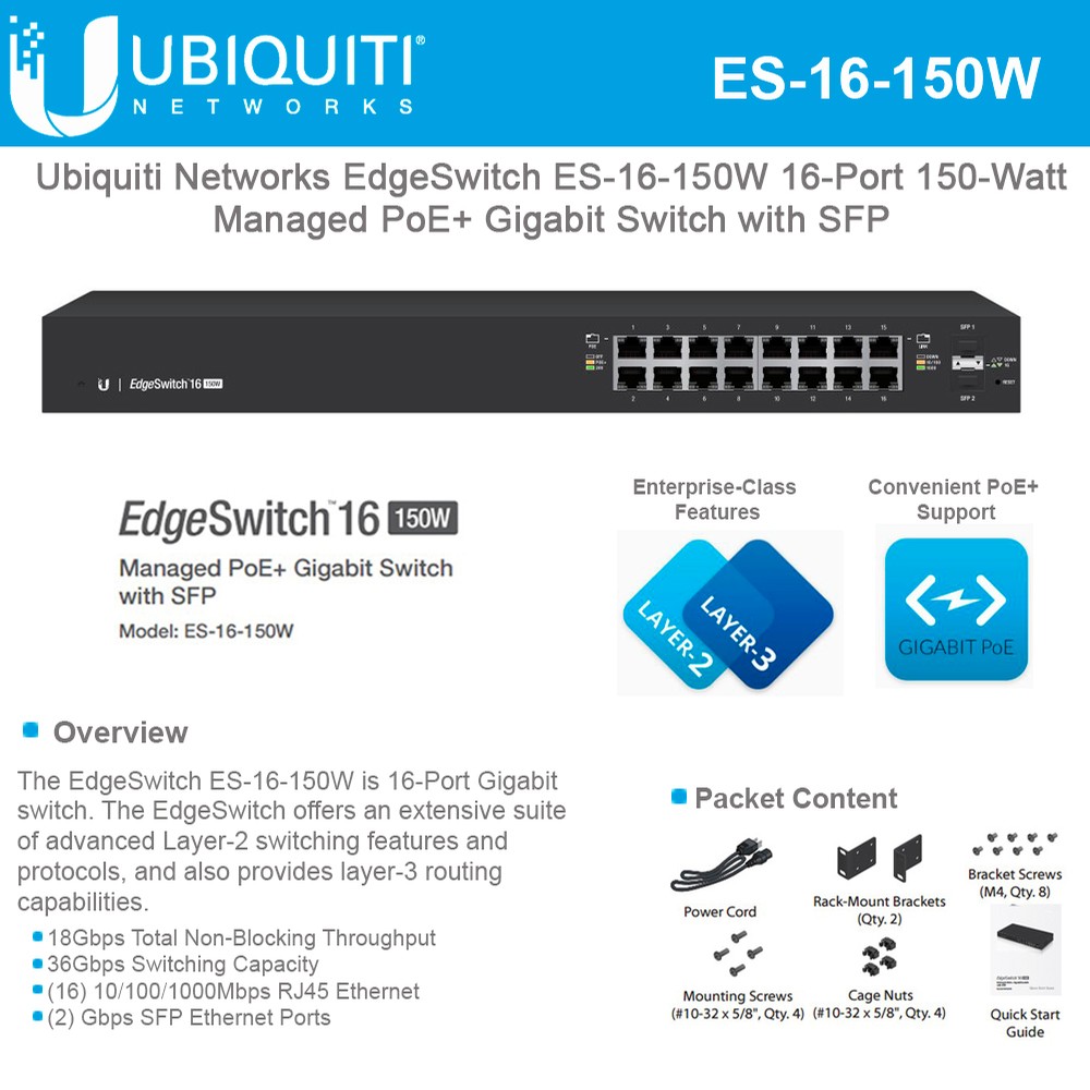 Ubiquiti EdgeSwitch 16 Managed L3 Switch - 16 PoE+ Ethernet Ports & 2 ...
