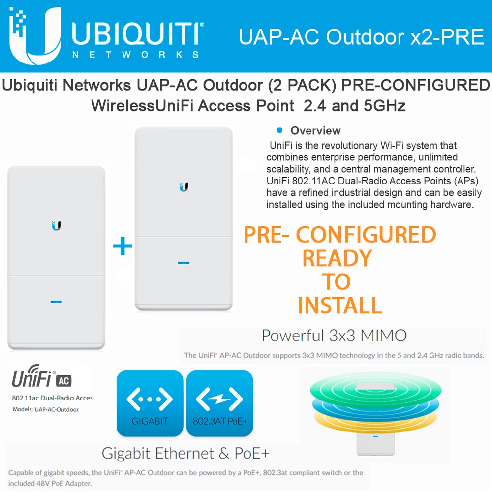 Ubiquiti UniFi UAP-AC Outdoor 2-PACK PRE-CONFIGURED MIMO 1300Mpbs Dual ...