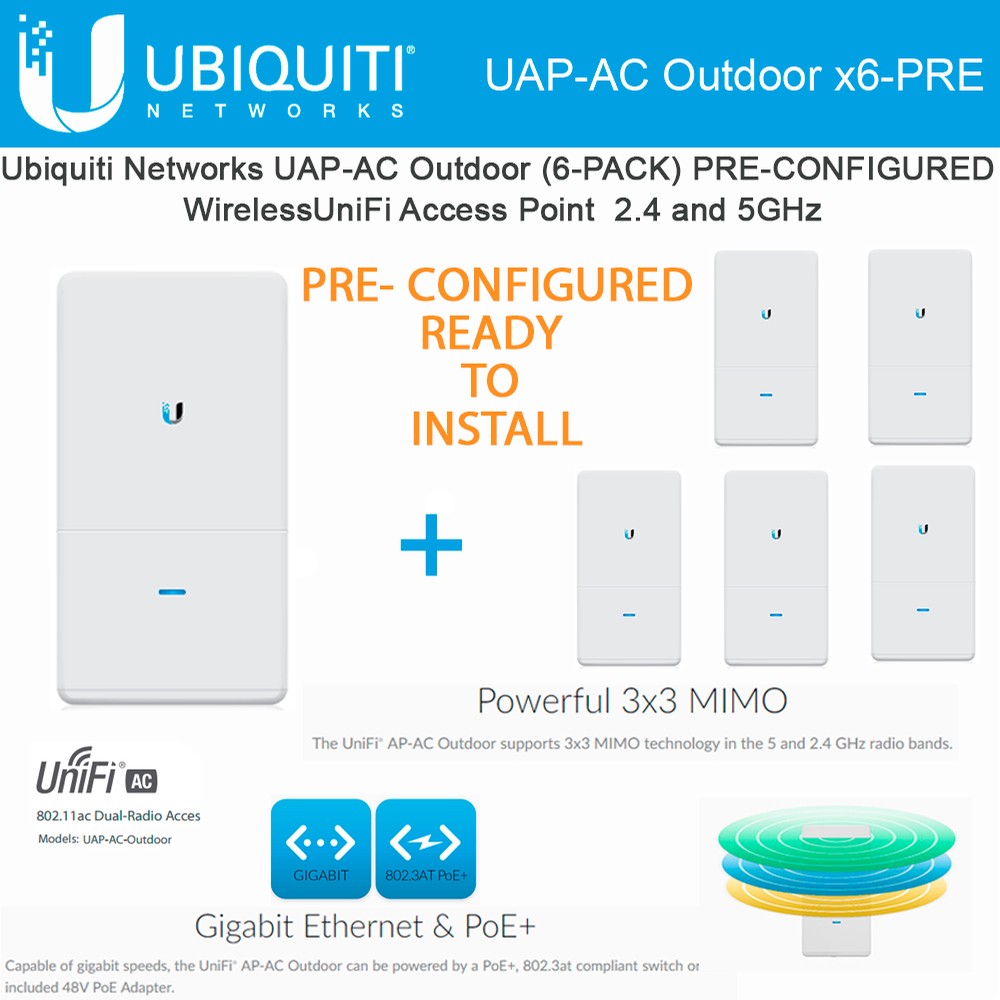 Ubiquiti UniFi UAP-AC Outdoor 6-PACK PRE-CONFIGURED MIMO 1300Mpbs Dual ...