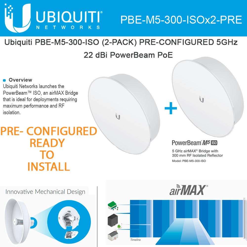 Ubiquiti PBE-M5-300-ISO (2Pack) PRE-CONF 5GHz PowerBeam 300mm Isolated ...
