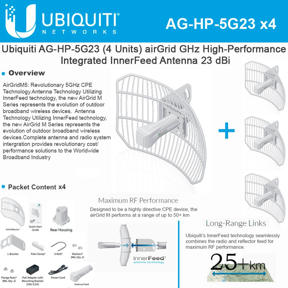 Ubiquiti airGrid M5 Antenna 5 GHz AG-HP-5G23-US 23dBi High-Performance Antenna +100 Mbps (4-PACK)