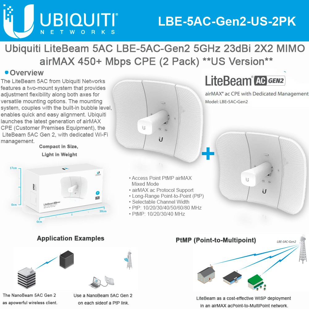 Ubiquiti 2x LiteBeam 5AC Gen2 LiteBeam AC Gen 2 LBE-5AC-Gen2 23dBi ...