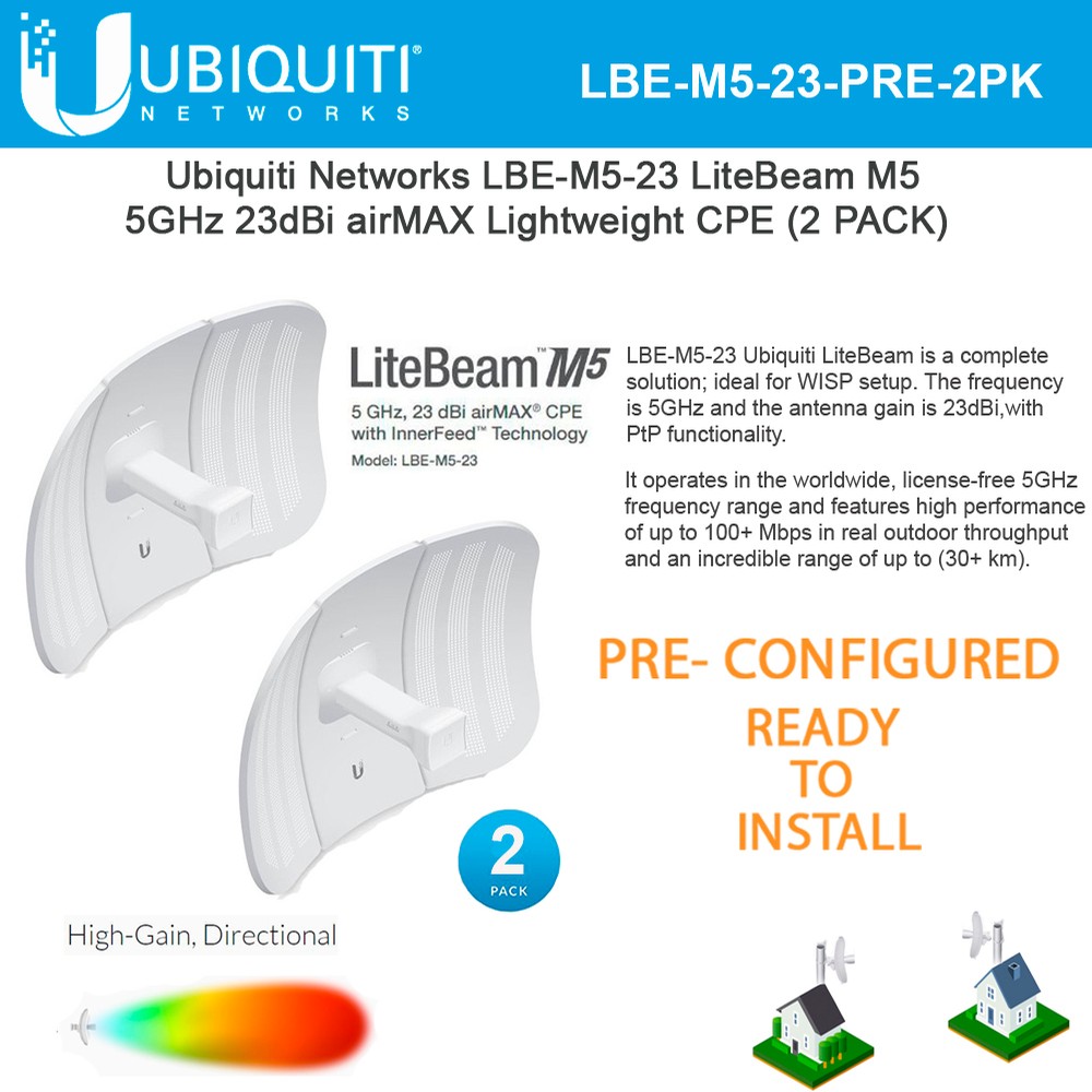 Ubiquiti LiteBeam M5 23dBi PRE-CONFIGURED 2-UNITS LBE-M5-23 5GHz long ...
