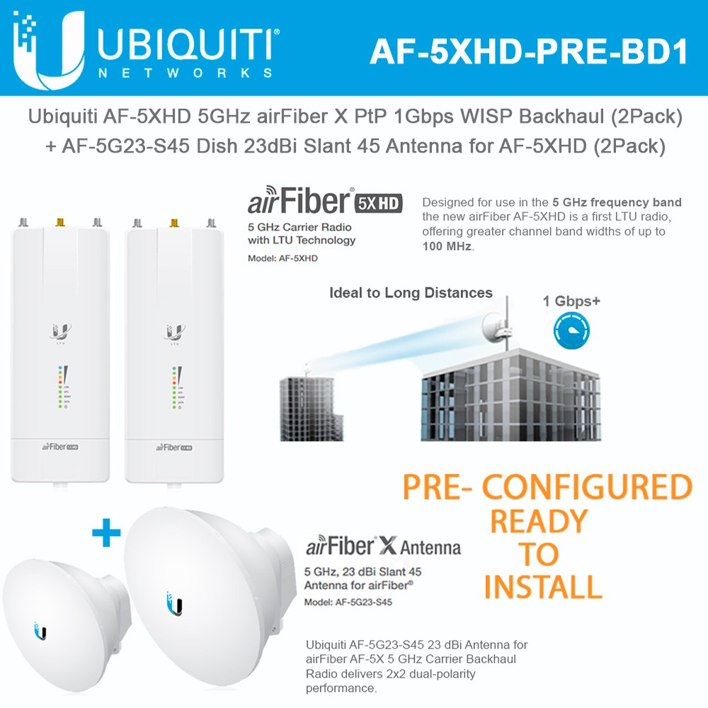 Ubiquiti airFiber X 5GHz 1Gbps Backhaul AF-5XHD 2units PRE CONFIGURED ...