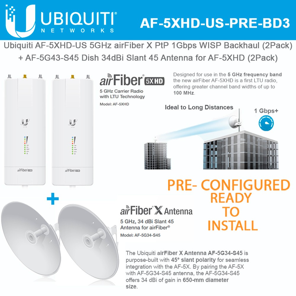Ubiquiti airFiber 5X HD Radio AF-5XHD-US Pre-Configured 5GHz PtP 1Gbps ...