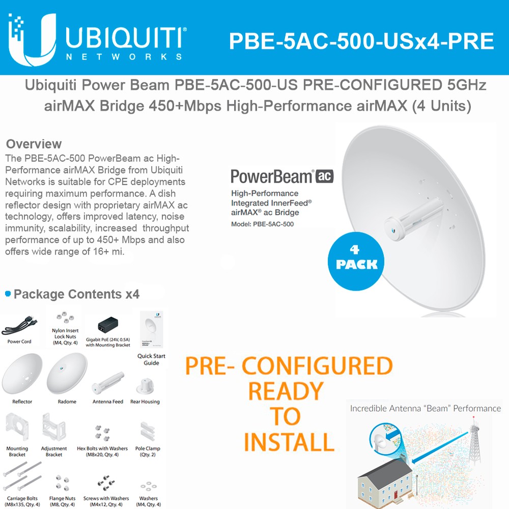 Ubiquiti PBE-5AC-500 US (4Pack) PRE-CONFIGURED PowerBeam AC 5GHz 500mm ...
