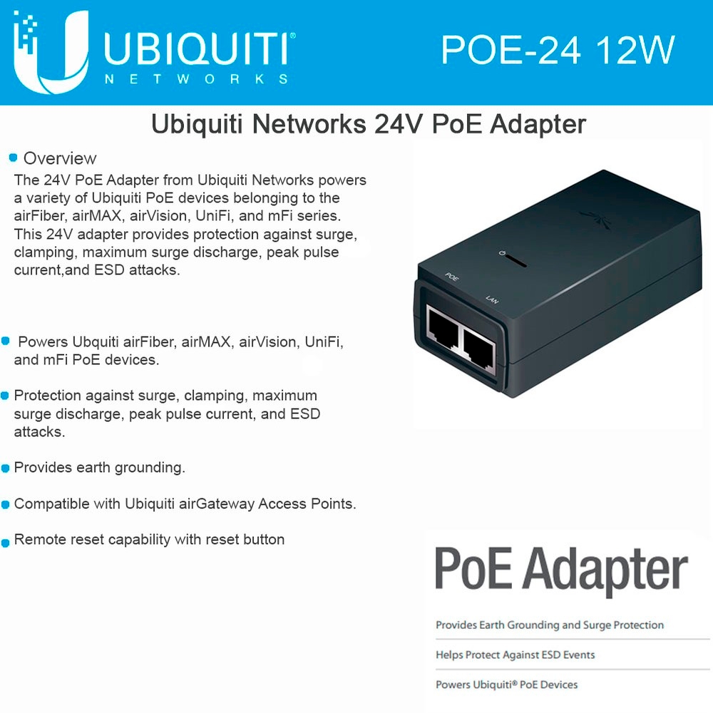 Ubiquiti Networks POE-24-12W 24V PoE 0.5A w/US Power Cord