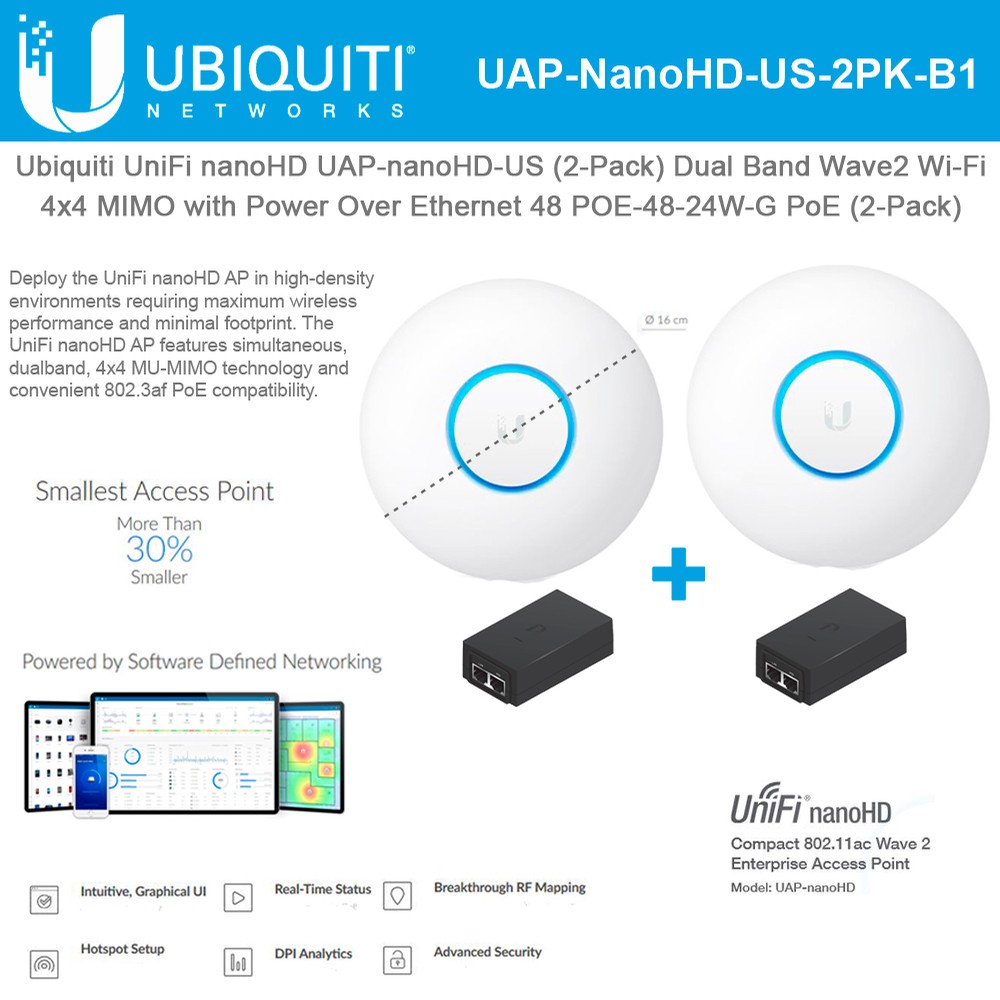 Ubiquiti UniFi nanoHD UAP-nanoHD-US (2-Pack) Dual Band Wave2 Wi-Fi 4x4 ...