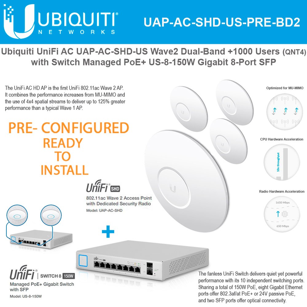 Ubiquiti UniFi AC SHD UAP-AC-SHD-US Pre-Configured (4-Pack) Wave 2 Dual ...