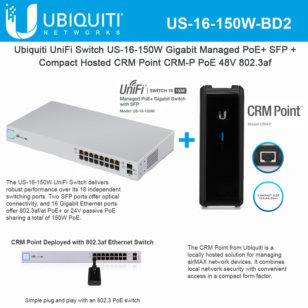 Ubiquiti UniFi Switch US-16-150W Switch Managed PoE+ Gigabit Switch with SFP 150W with CRM Point ...