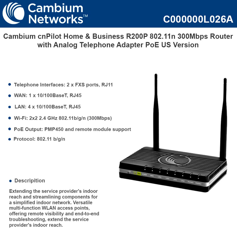 Cambium cnPilot Home & Business R200P 802.11n 300Mbps Router with ...