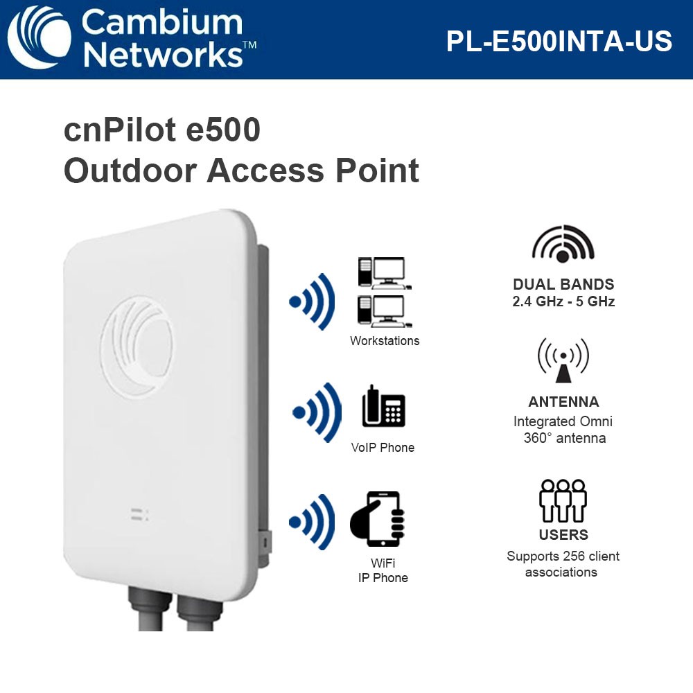 Cambium cnPilot e500 Access Point Outdoor Omni Antenna 802.11ac w/ 2x Gigabit Ethernet Ports and PoE